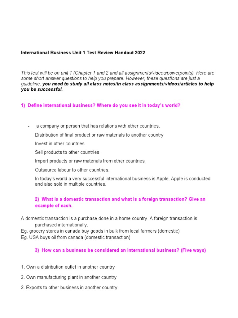 Unit 1 BBB Test Review - Shared Answers | PDF | Balance Of Trade | Tariff