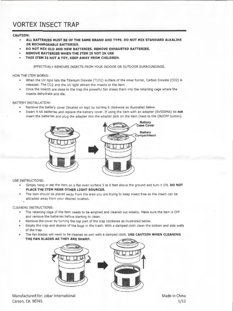 Vortex Insect Trap: Manufactured Far Jobar Lnternational Carson, CA ...