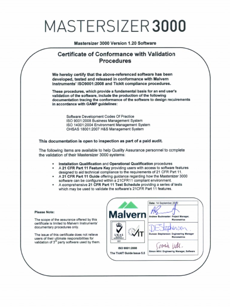 Mastersizer 3000 Software Certificate of Conformance (v1.20) | PDF