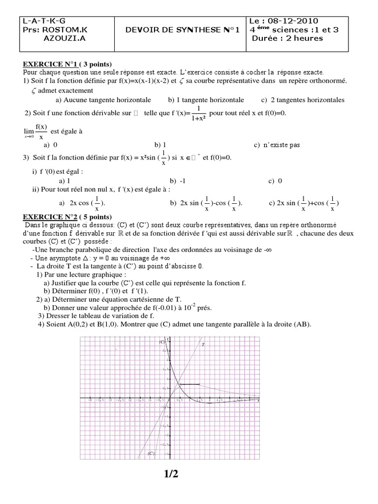 Devoir de Synthèse N°1 - Math - Bac Sciences Exp (2010-2011) MR Abdallah Azouzi | PDF | Tangente ...