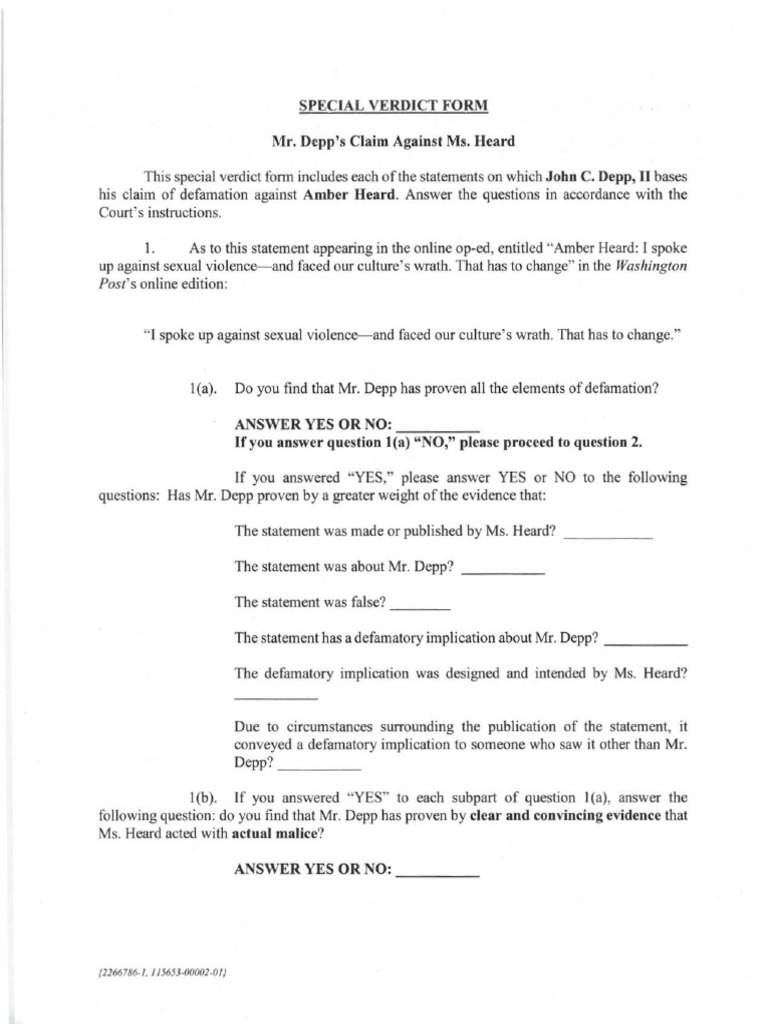 Special Verdict Form Mr. Depp's Claim Against Ms. Heard Amber Heard ...