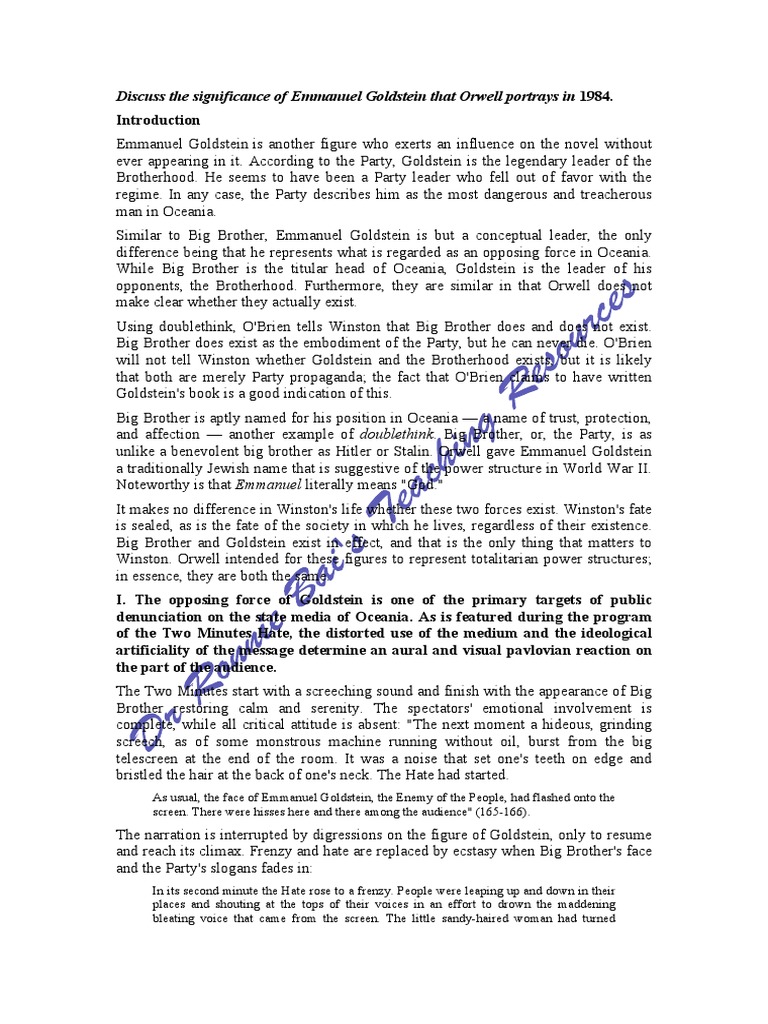 Discuss The Significance of Emmanuel Goldstein That Orwell Portrays in ...