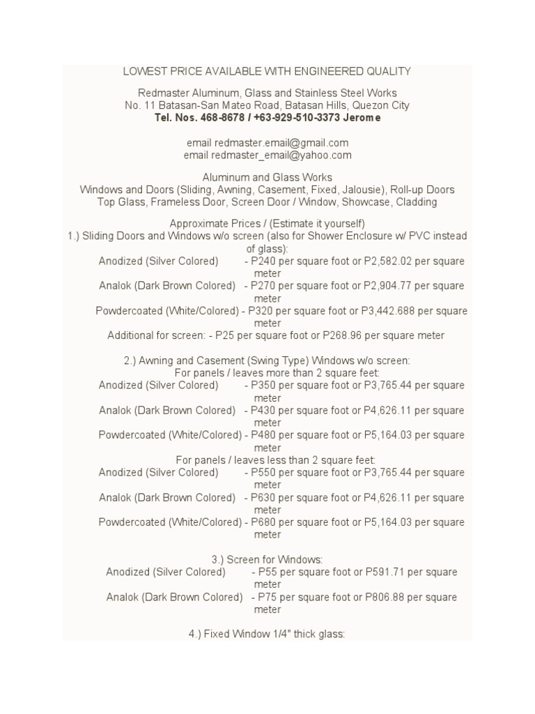 Glass Ang Aluminum Pricelist | PDF | Volume | Window