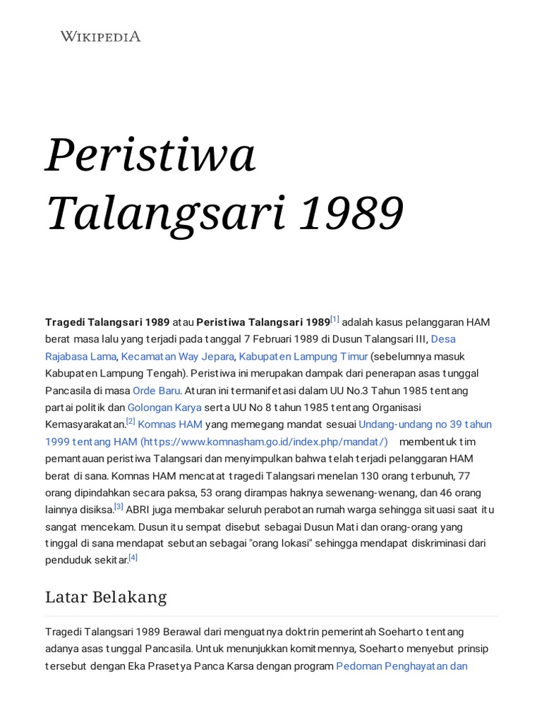 Peristiwa Talangsari 1989 - Wikipedia Bahasa Indonesia, Ensiklopedia Bebas | PDF