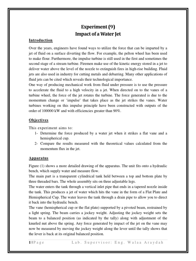 Experiment (9) Impact of A Water Jet: Page Lab. Supervisor: Eng. Walaa ...
