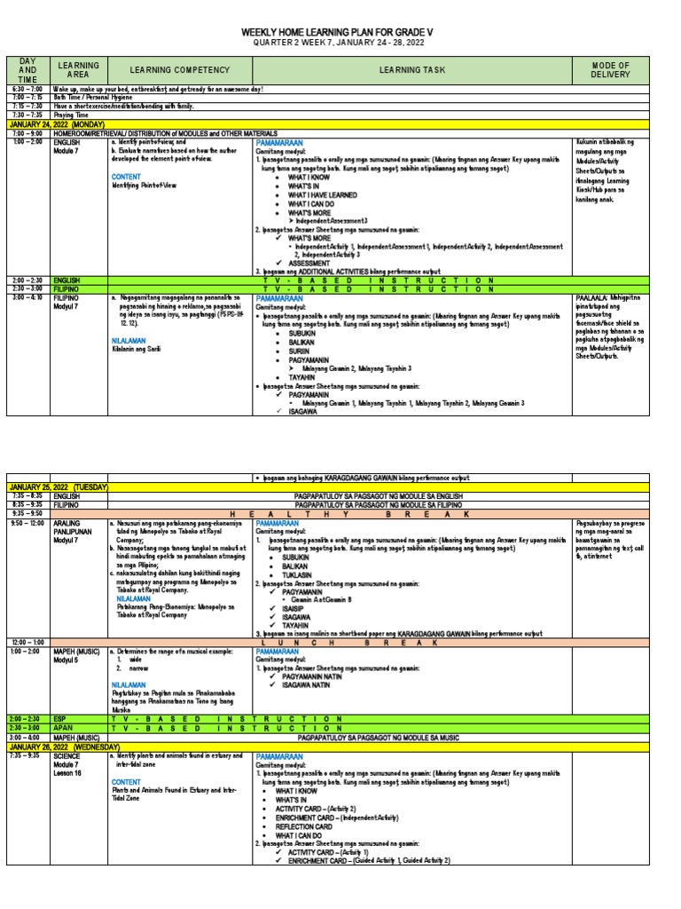Grade 5 WHLP Q2 Week 7 | PDF