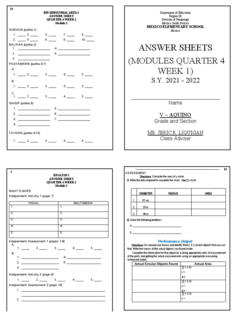 Answer Sheet Booklet Quarter 4 Week 1 | PDF | Area | Cognition