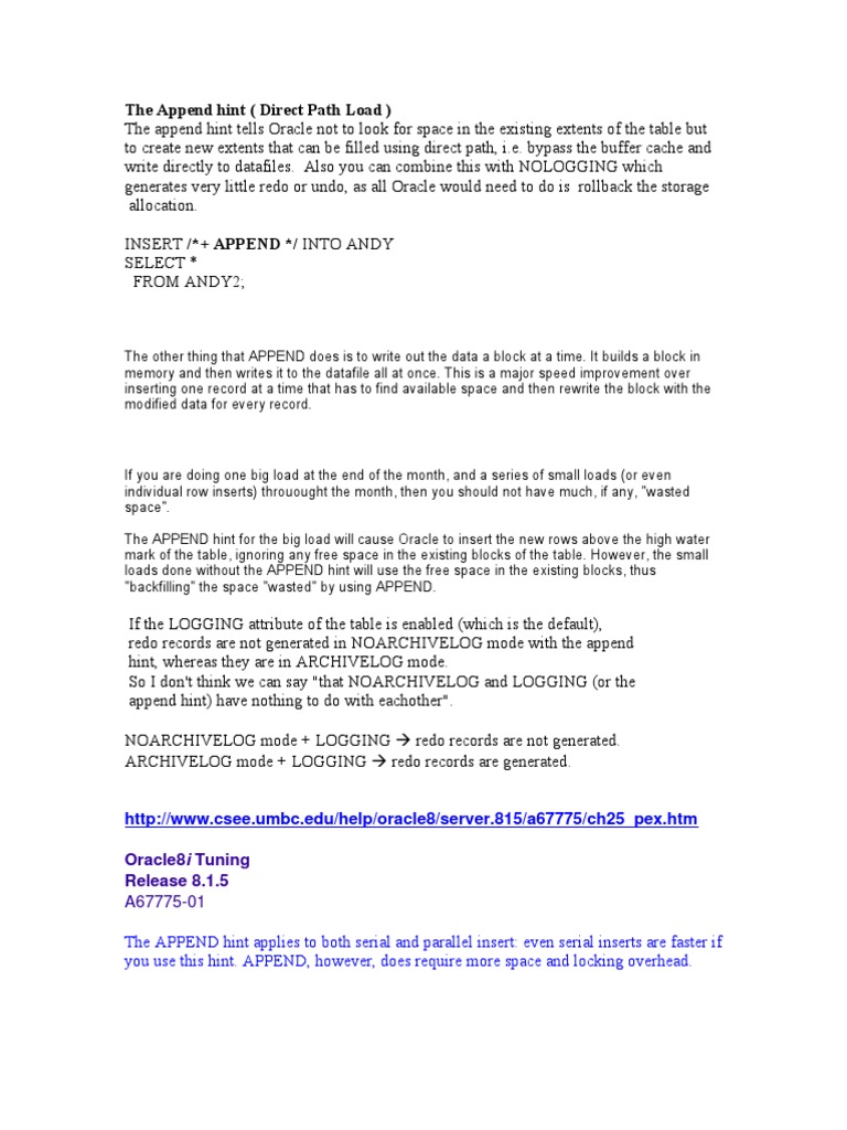 Oracle APPEND hint for direct path loads | PDF | Oracle Database ...