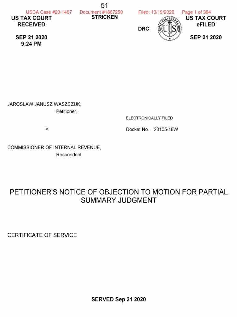 September 21, 2020 - U.S Tax Court - D.C Circuit Court - NOTICE OF ...