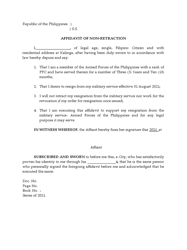 Affidavit Non Retraction - Template | PDF