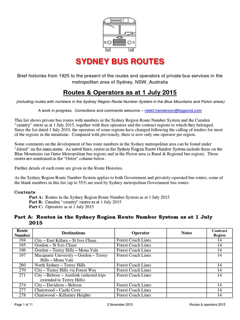 Sydney Bus Routes: Routes & Operators As at 1 July 2015 | Download Free ...