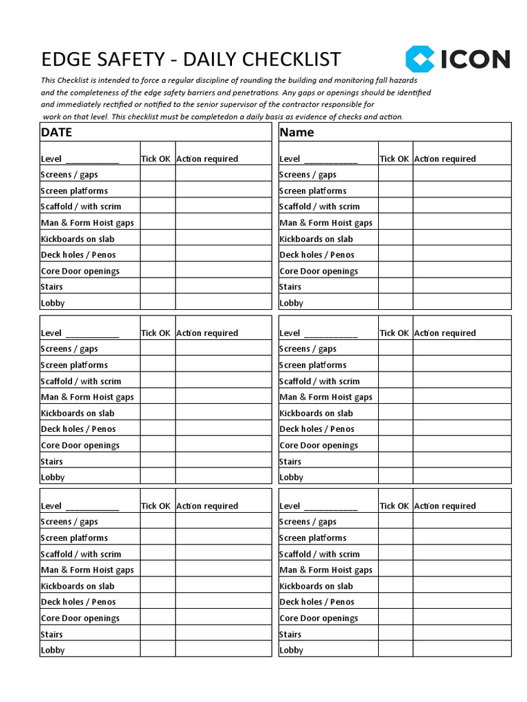 Edge Safety - Daily Checklist: Date Name | PDF | Safety