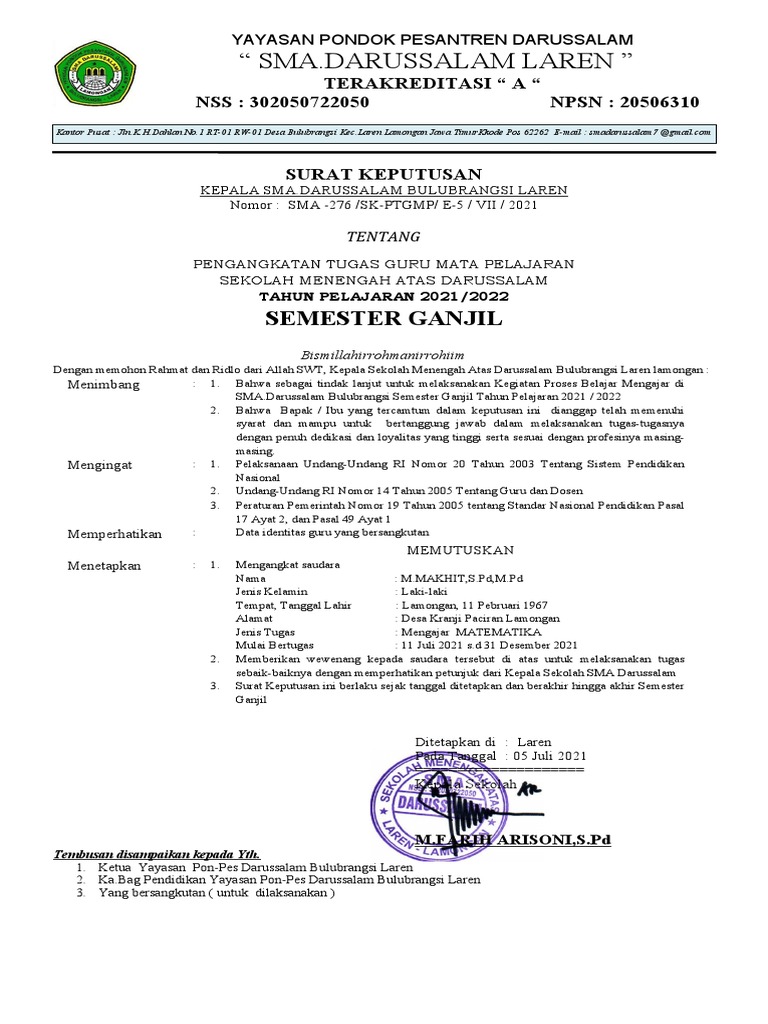 SK Mengajar Mapel SMTGNJL | PDF
