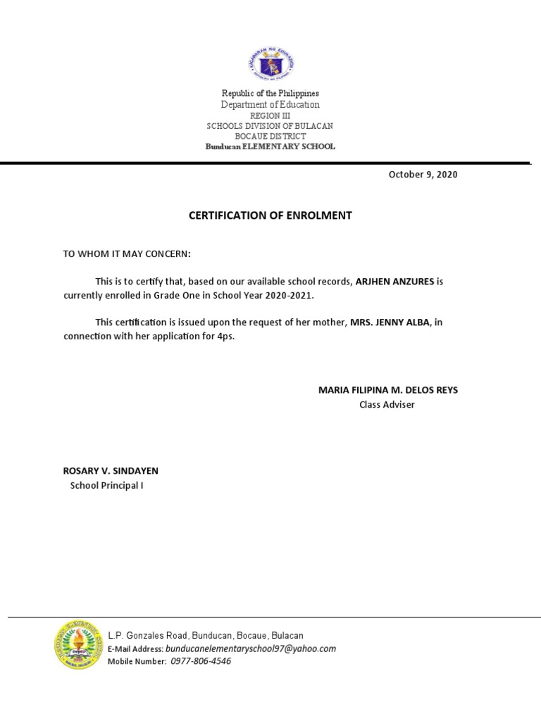 Certification of Enrolment: Republic of The Philippines | PDF
