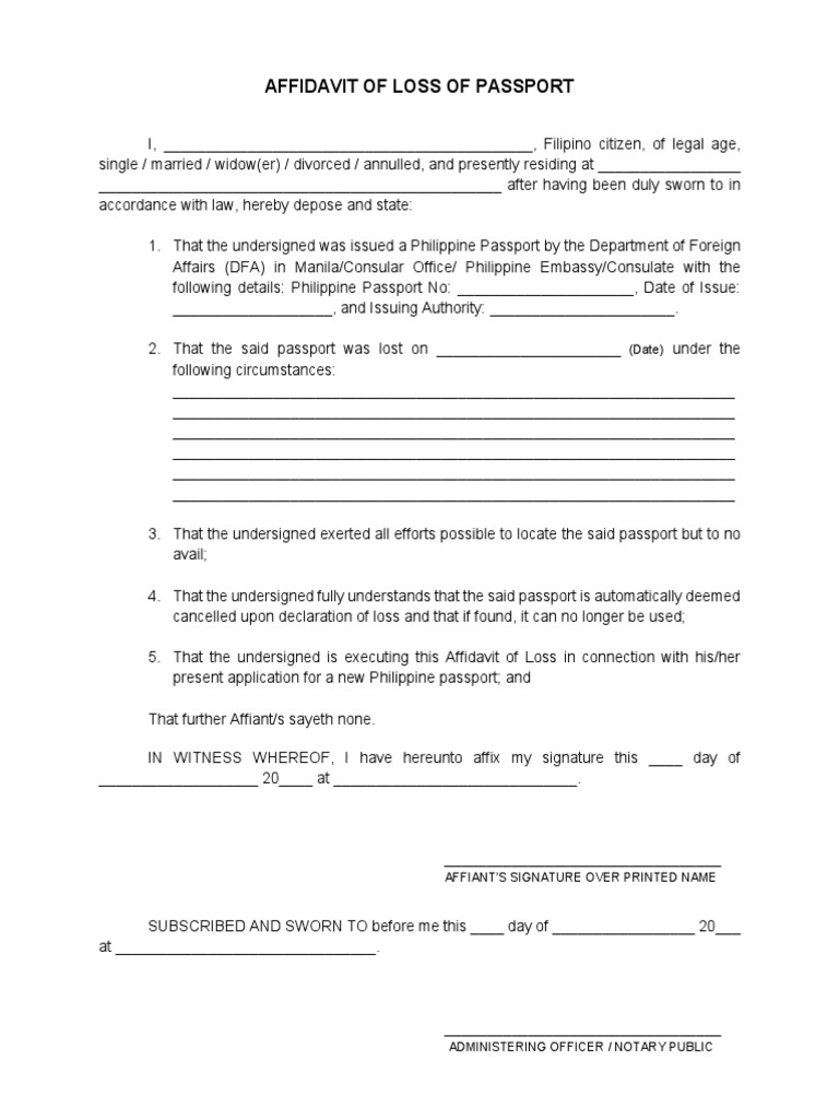 PCGSF 2020 Affidavit of Loss of Passport | PDF | Finance & Money ...
