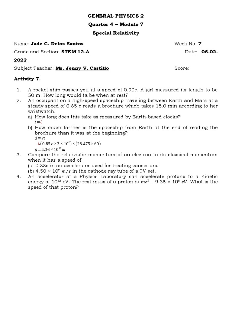 General Physics 2 Quarter 4 - Module 7 Special Relativity: T D VT D 4. ...
