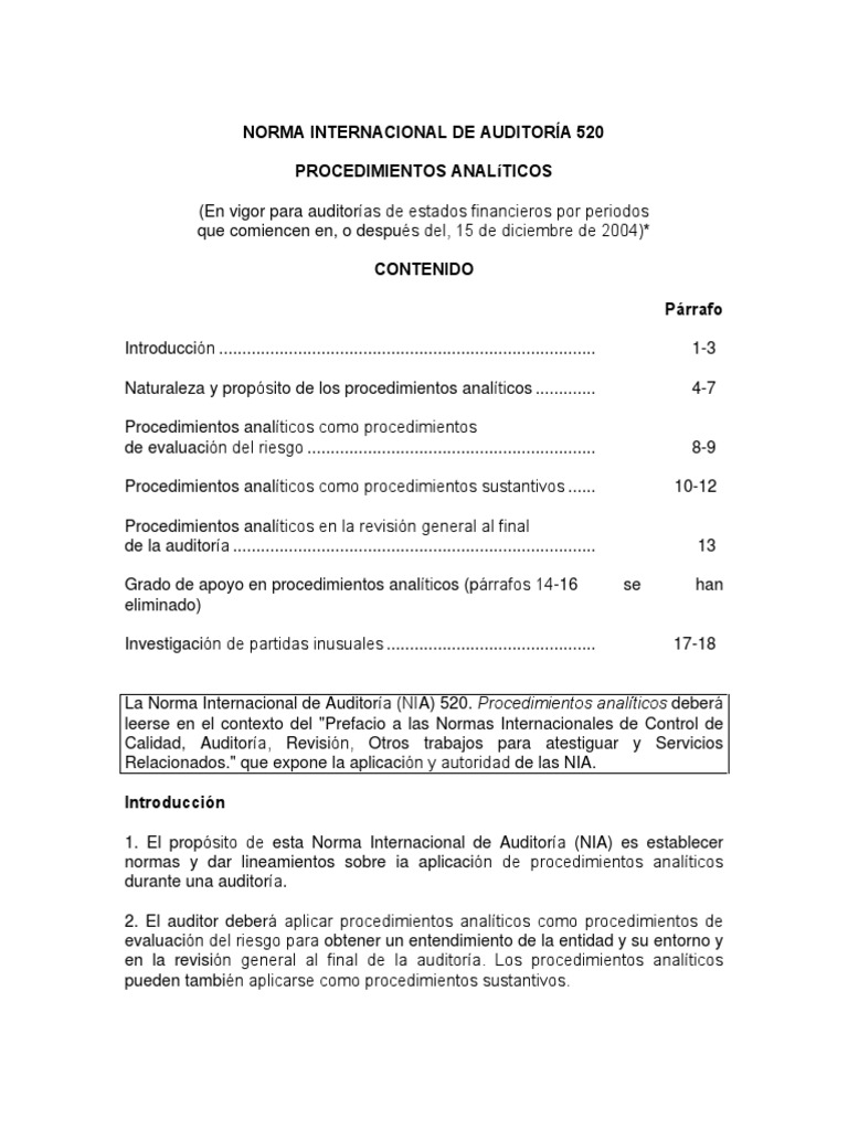 20 Nia 520 Procedimientos Analiticos | PDF | Auditoría | Contralor