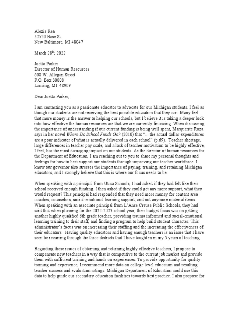 Alexis Rea Advocacy Letter To Director of Human Resources For ...