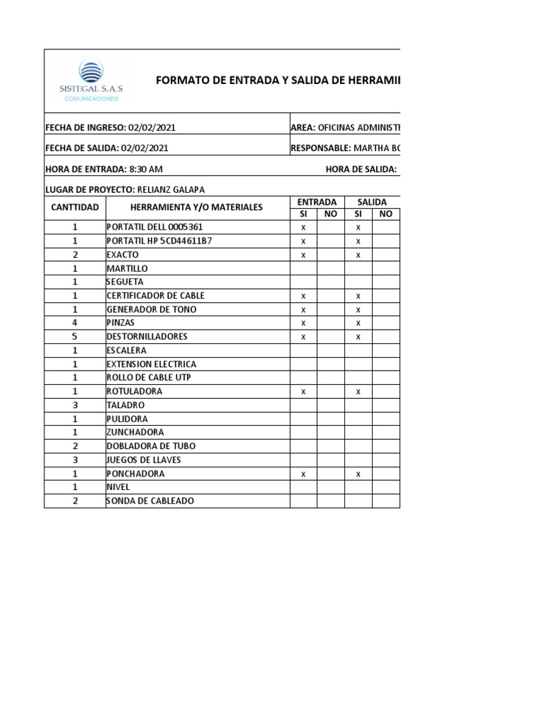 Formato de Entrada y Salida de Herramientas y Materiales | PDF