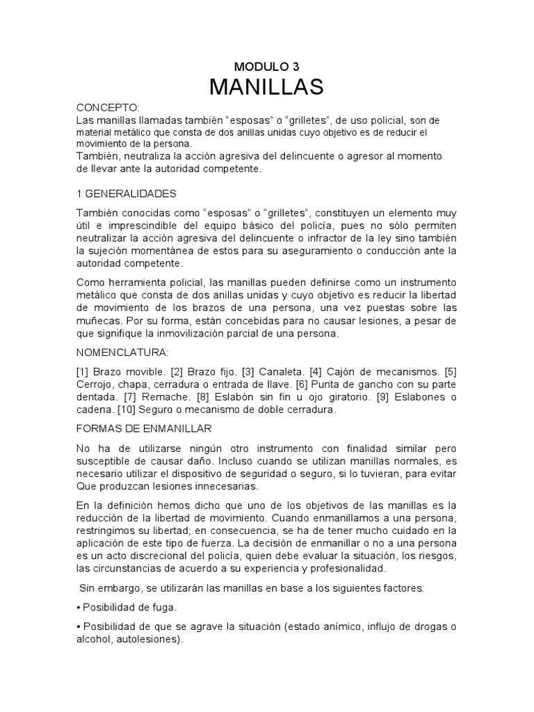 Uso y aplicación adecuada de manillas policiales | PDF | Esposas