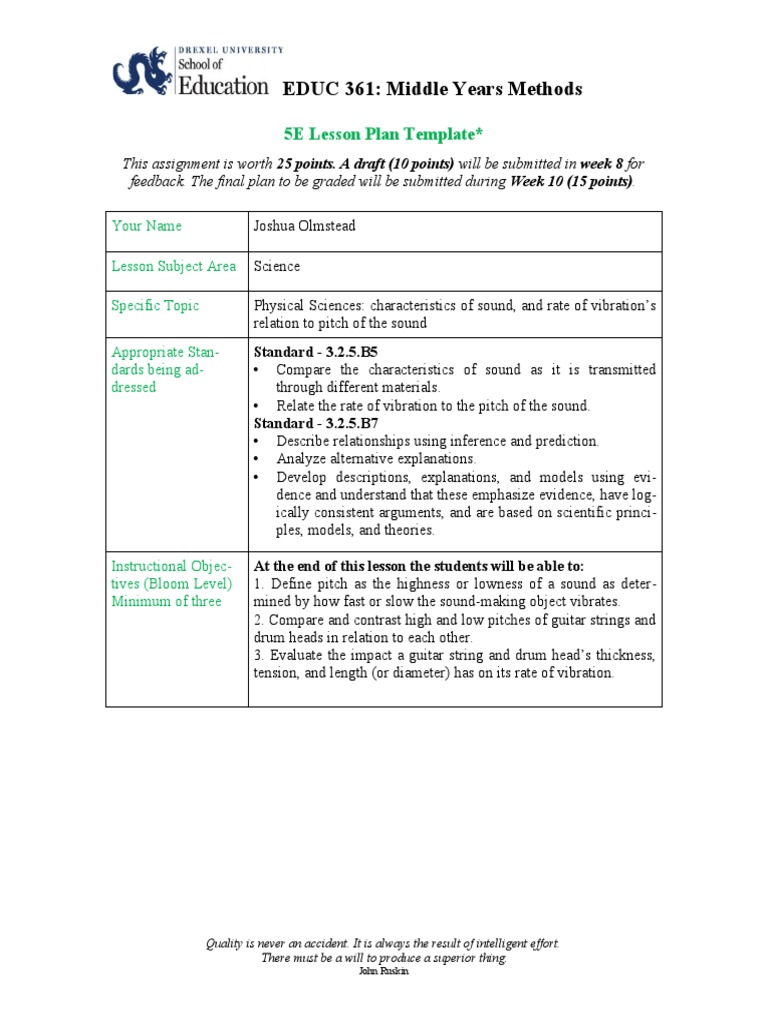 5e Lesson Plan Template Final | PDF | Guitars | Pitch (Music)