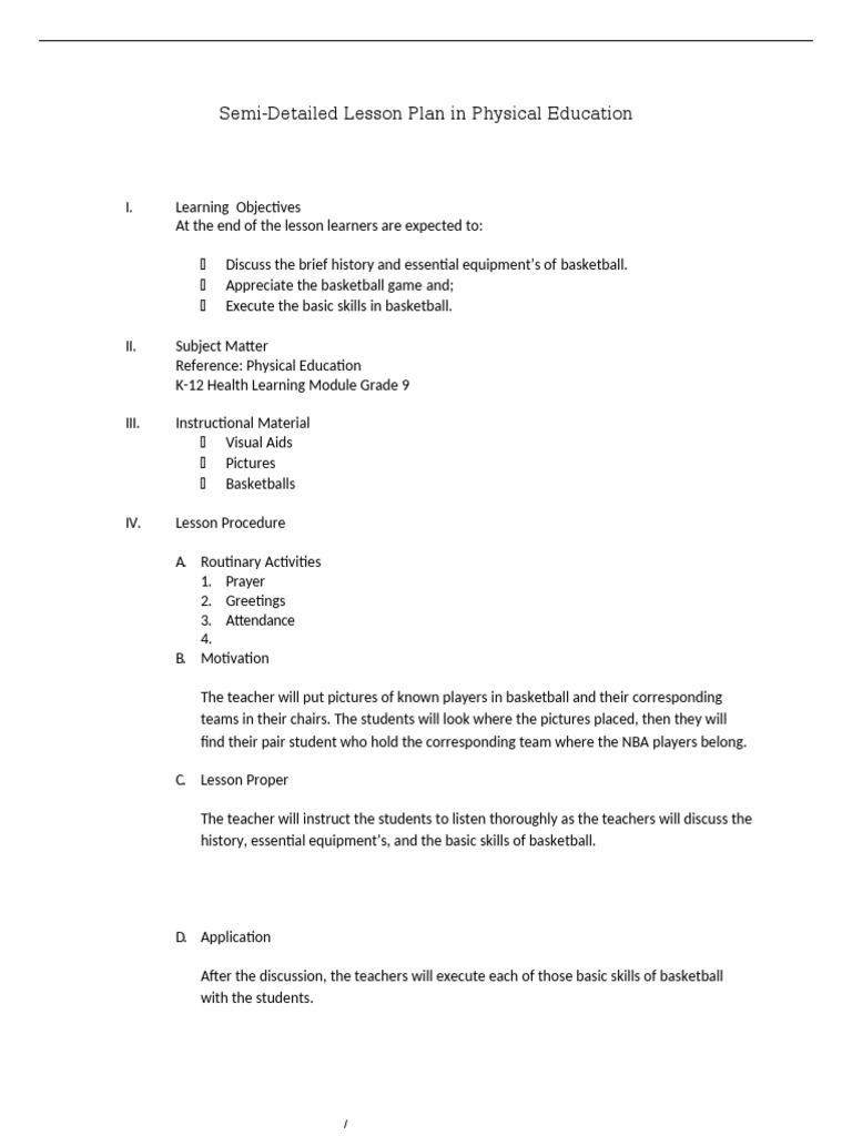 Semi-Detailed Basketball Lesson Plan | PDF | Physical Education ...