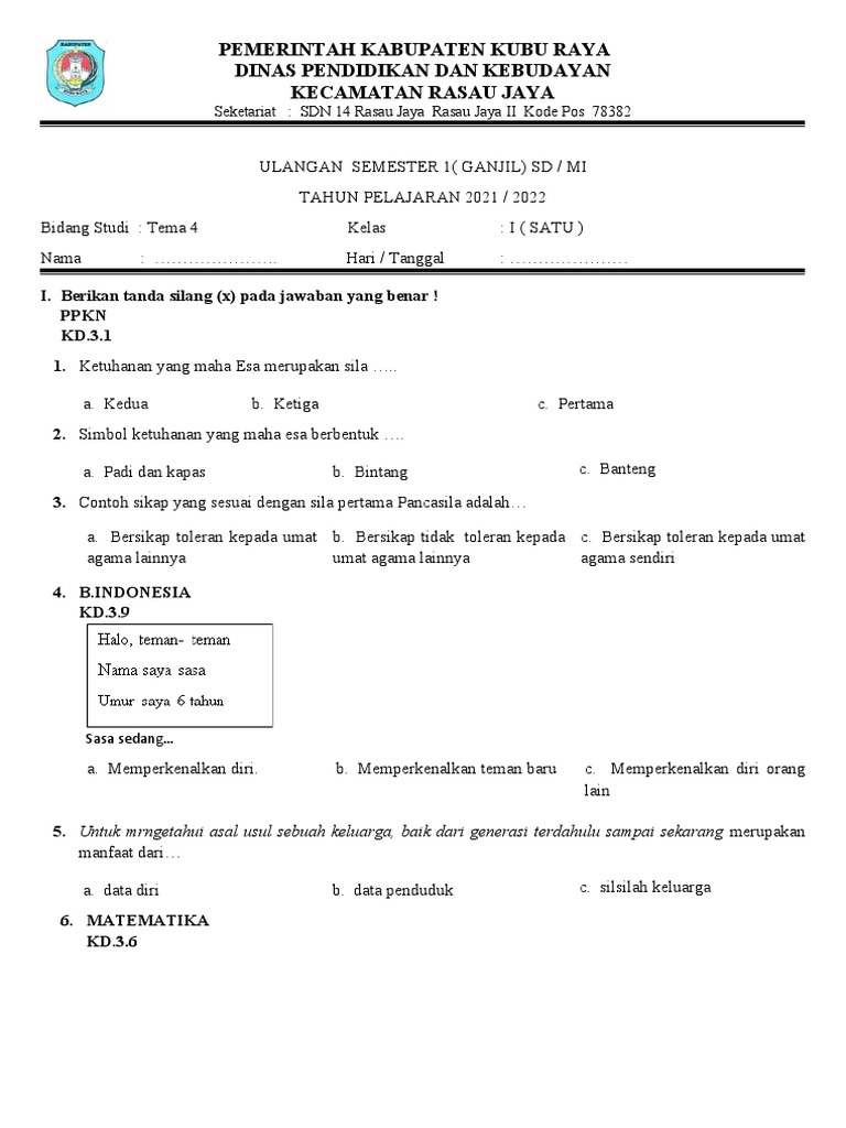Judul Ulangan Semester 1 SDN 14 Rasau Jaya | PDF