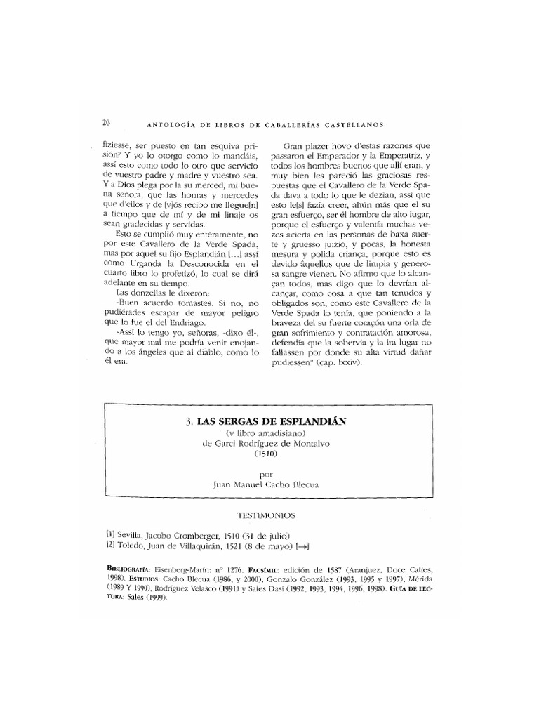 Las Sergas de Esplandian V Libro Amadisiano 1510 Seleccion | PDF
