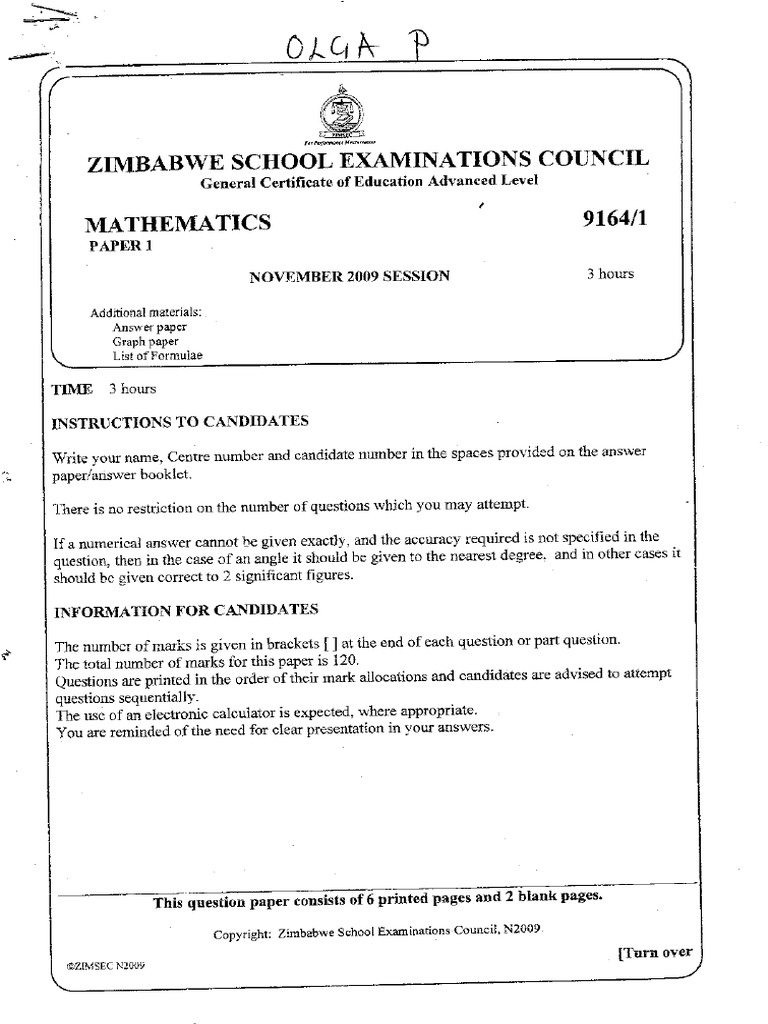 Zimsec November 2009 A Level Maths Paper 1 | PDF