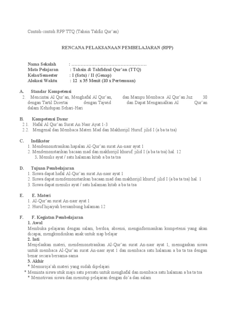 Contoh RPP TTQ | PDF | Seni & Disiplin Bahasa