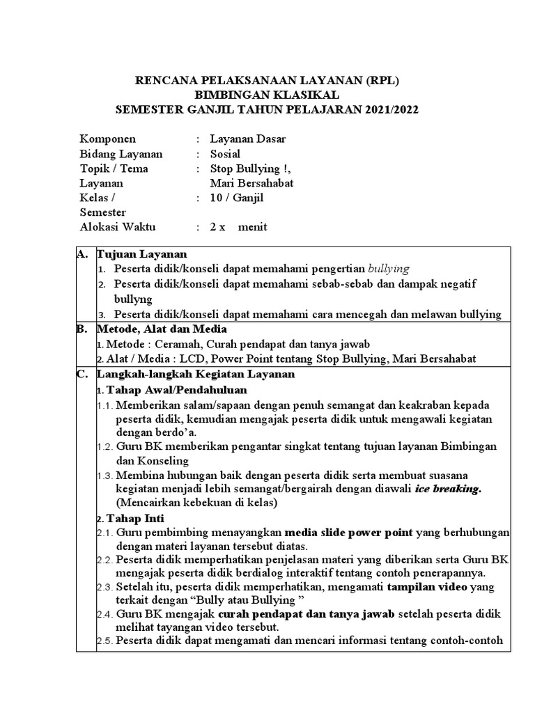 RPL Bimbingan Klasikal X Bullying | PDF