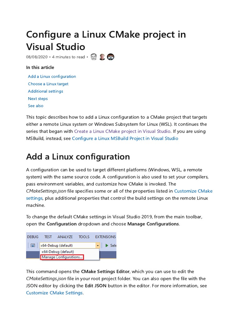 Configure A Linux CMake Project in Visual Studio - Microsoft Docs | PDF | Microsoft Visual ...