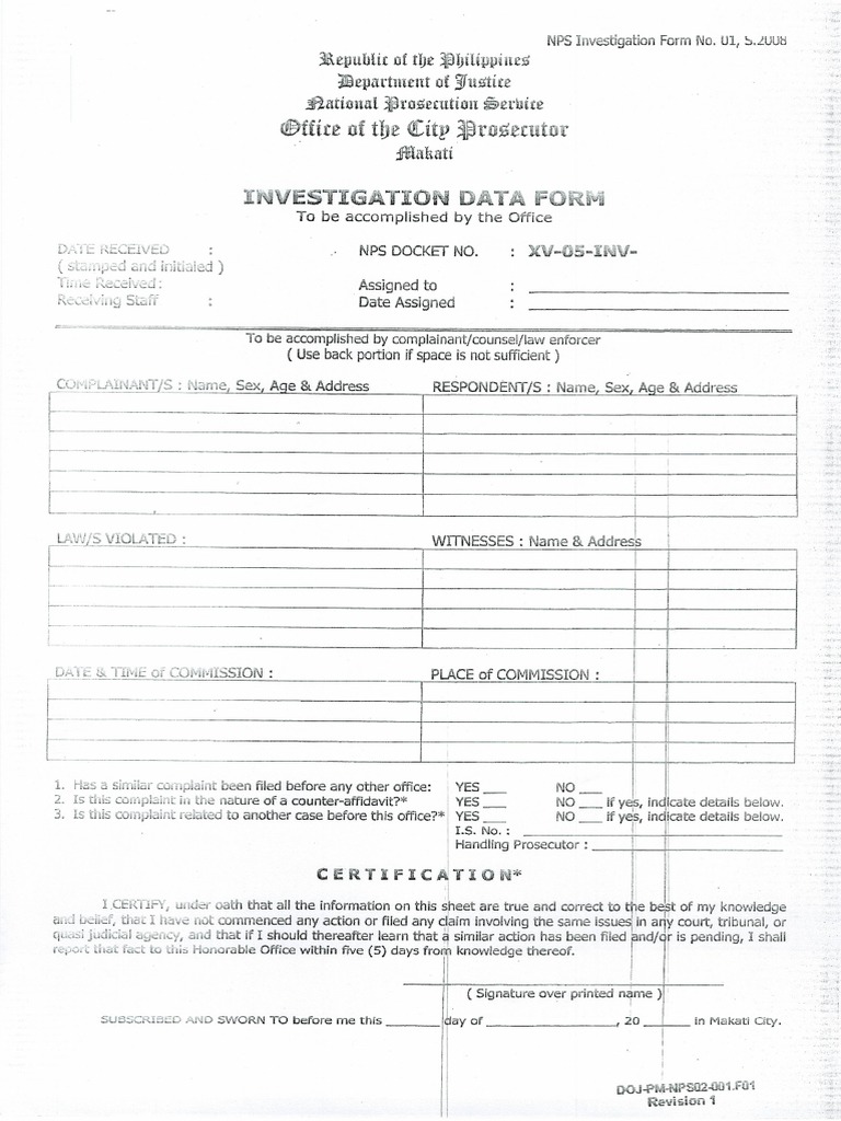 Investigation Data Form-Prosecutor's Office Makati City | PDF