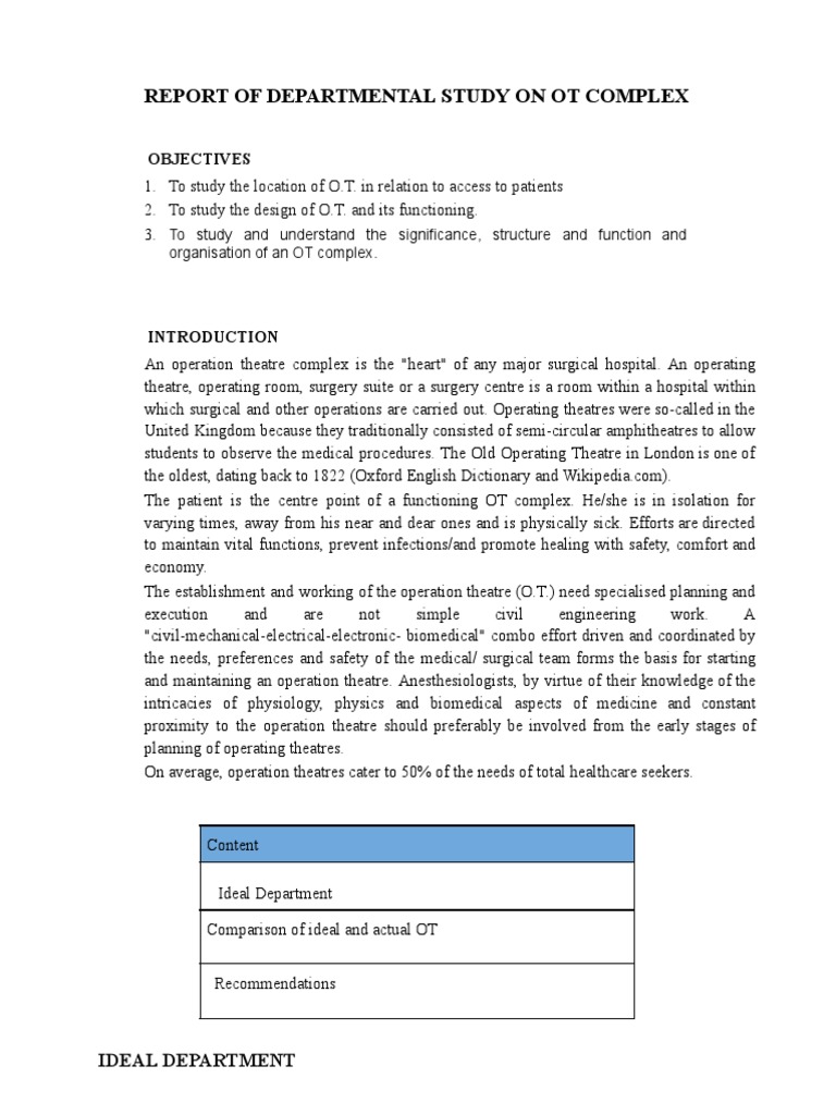 Report of Departmental Study On Ot Complex: Objectives | PDF | Surgery ...