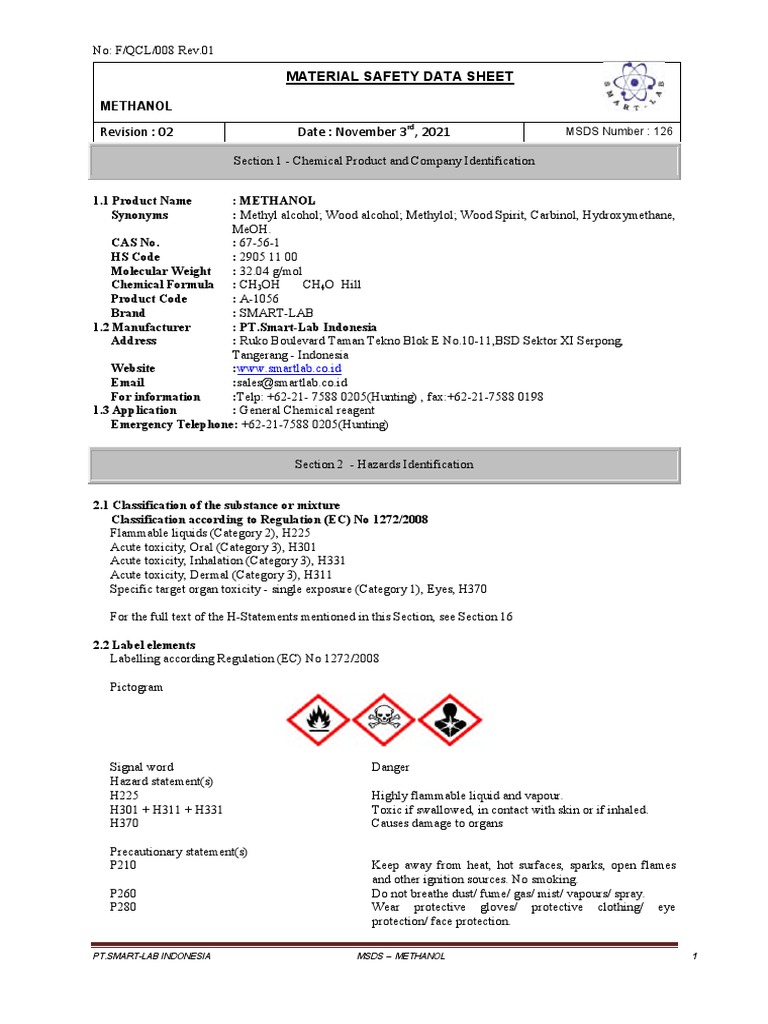 MSDS - Methanol Inggris | PDF | Methanol | Toxicity