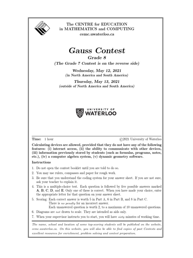 Gauss Contest Paper 2021 | PDF | Multiple Choice | Mathematics