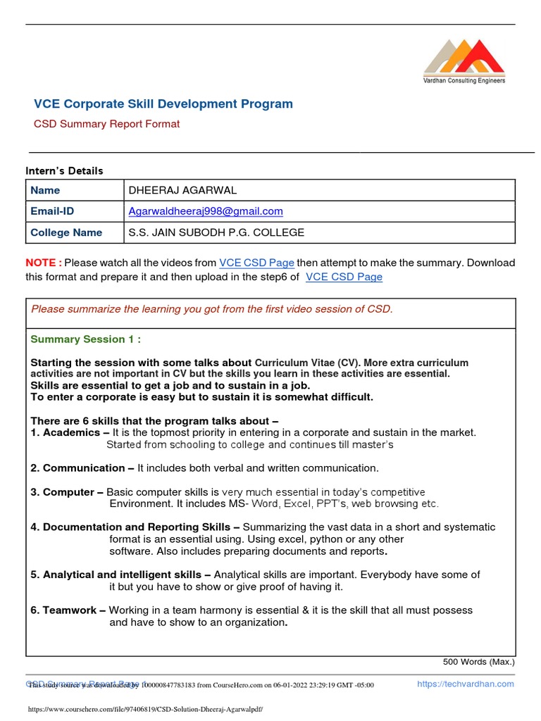 VCE Corporate Skill Development Program: CSD Summary Report Format ...