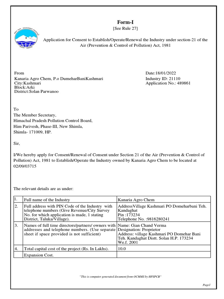 Form-I: "This Is Computer Generated Document From OCMMS by HPSPCB ...