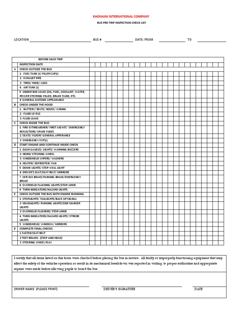 Bus Pre-Trip Inspection Check List: Khonaini International Company ...