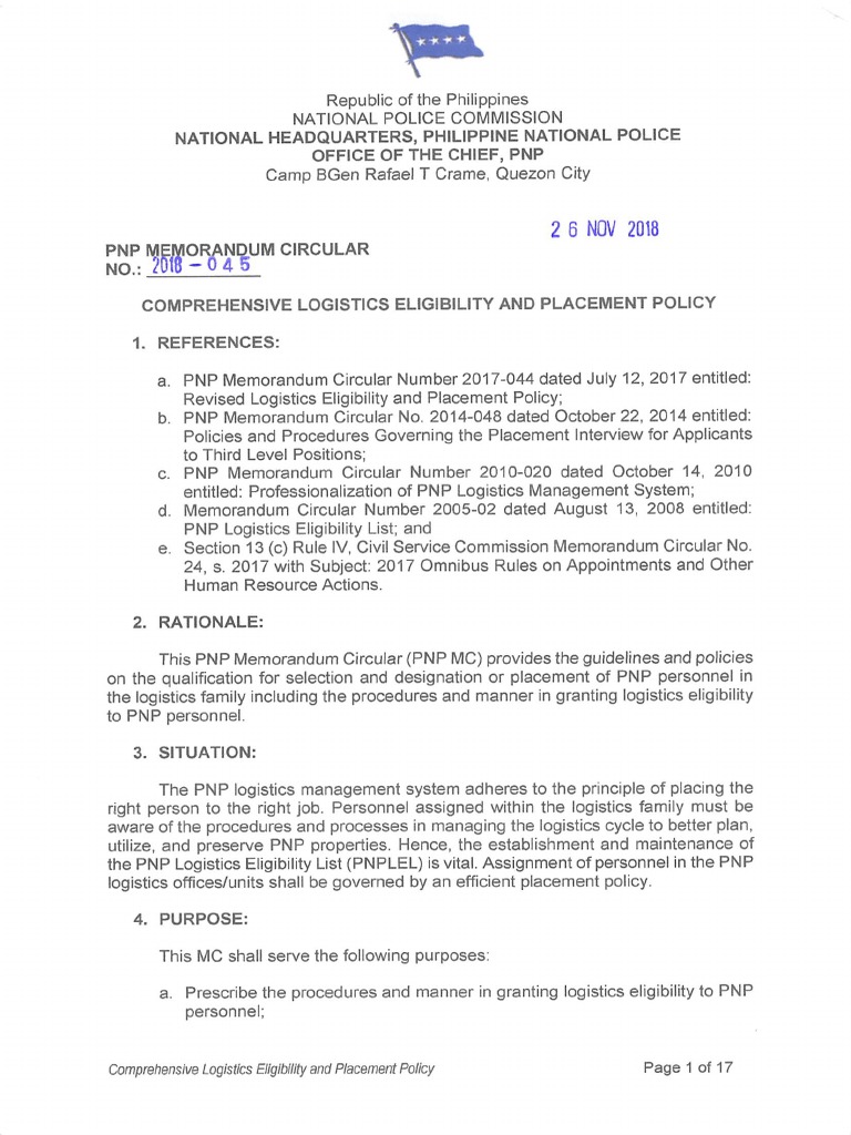 1 PNP MC 2018-045 - Comprehensive - Logistics Eligibility and Placement ...