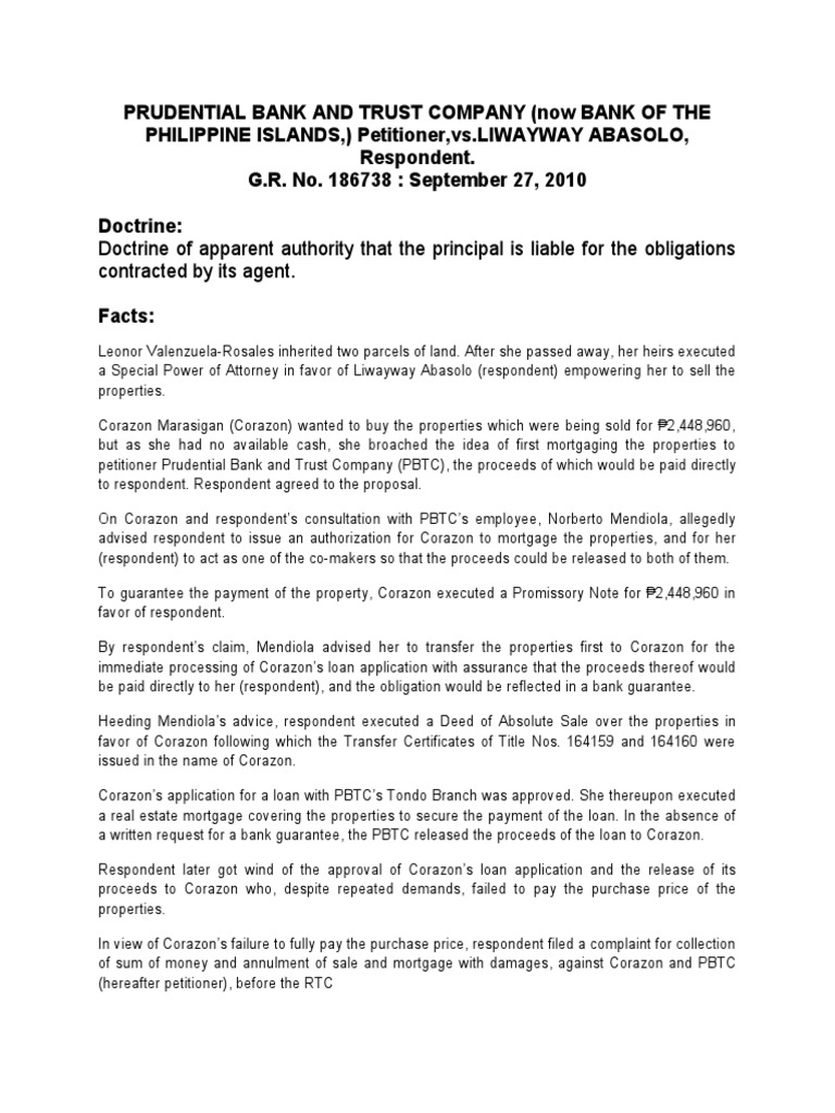 Case 193 (PBTC vs. Abasolo) | PDF | Loans | Mortgage Loan