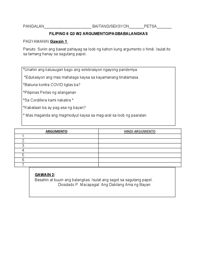 Activity in Filipino 6 q3w2 Pagbabalangjkas | PDF