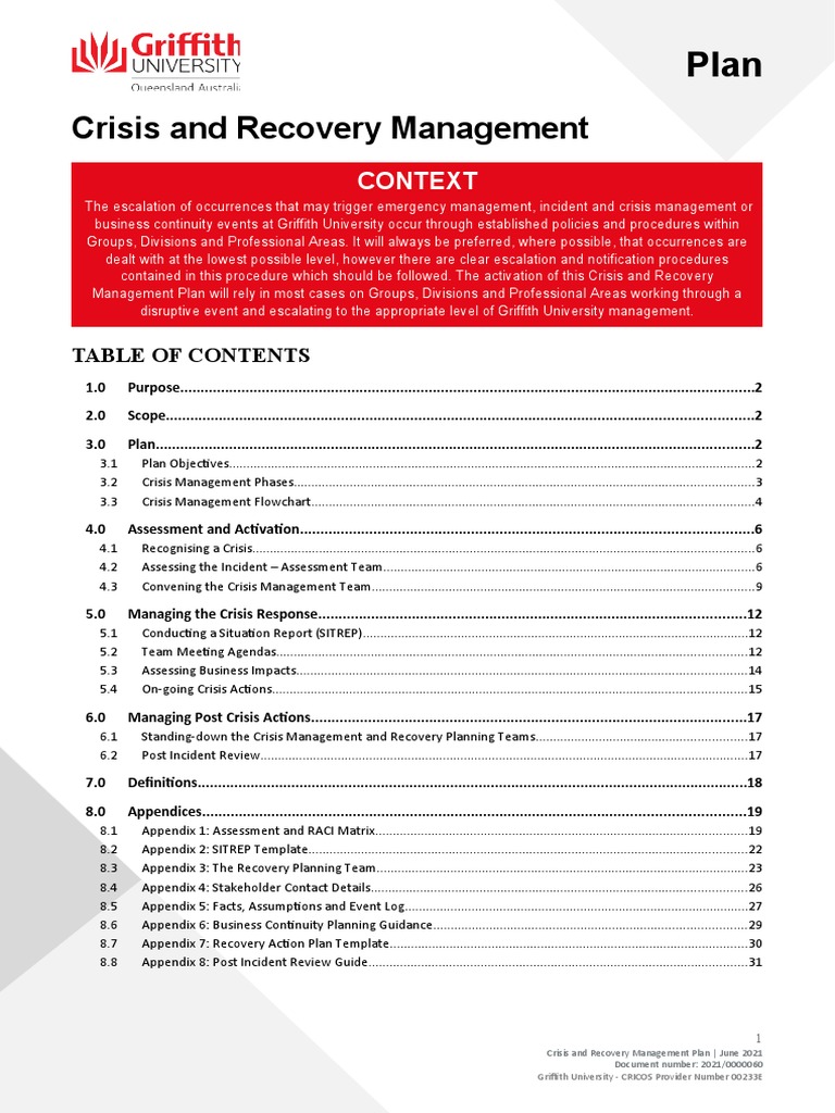 Crisis Management and Recovery Plan | PDF | Crisis Management ...