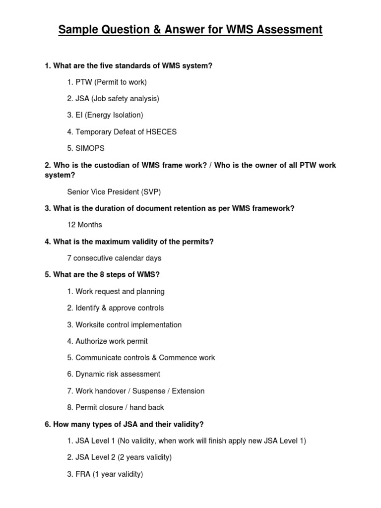 Sample Question & Answer For WMS Assessment | PDF | Occupational Safety ...