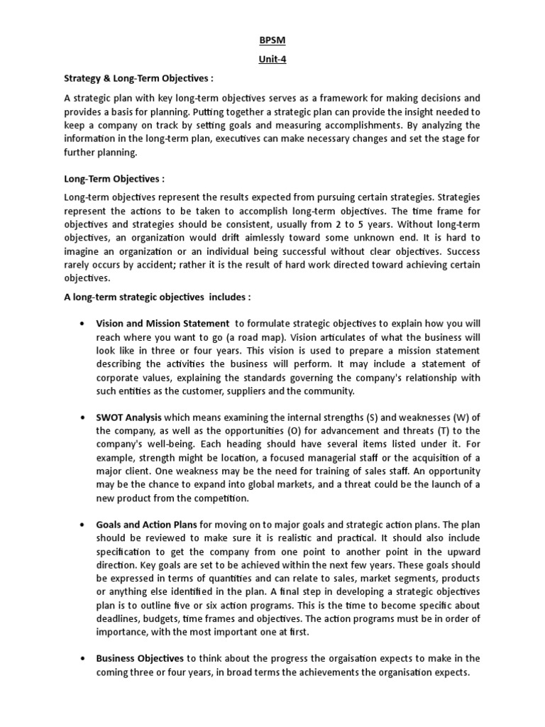 BPSM Unit-4 Strategy & Long-Term Objectives | PDF | Strategic Management | Goal