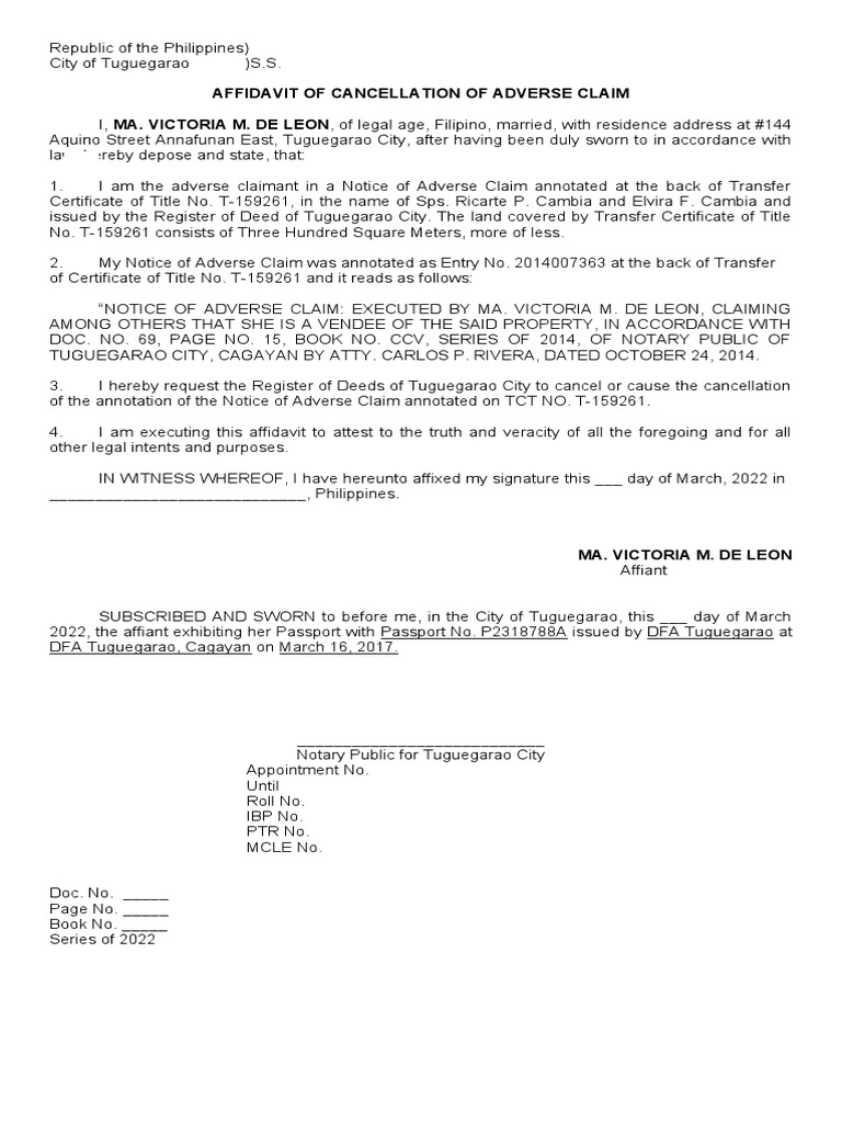 Affidavit Of Adverse Claim Format - Form example download