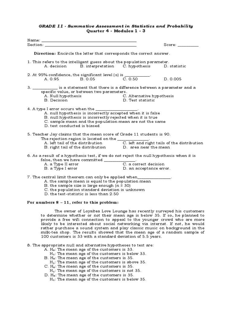 Statistics and Prob 11 Summative Test 1,2 and 3 Q4 | PDF | Statistical ...