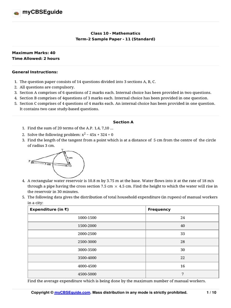 Mycbseguide: Class 10 - Mathematics Term-2 Sample Paper - 11 (Standard) Marks: 40 Time Allowed ...