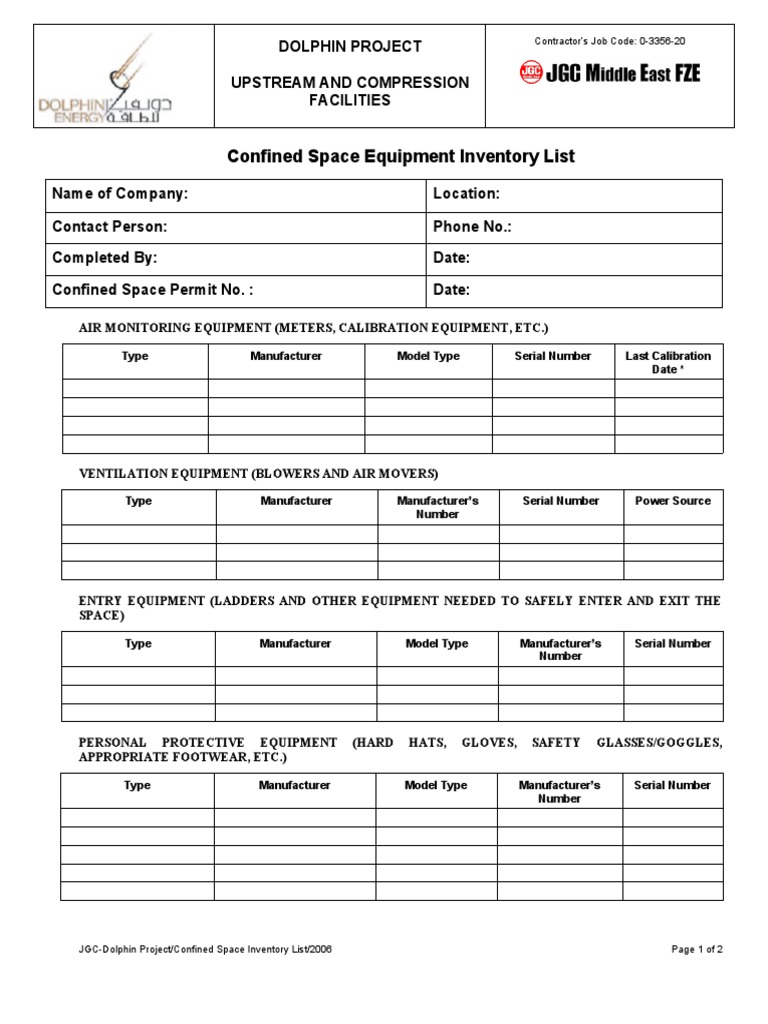 Confined Space Equipment Inventory List | PDF | Equipment ...