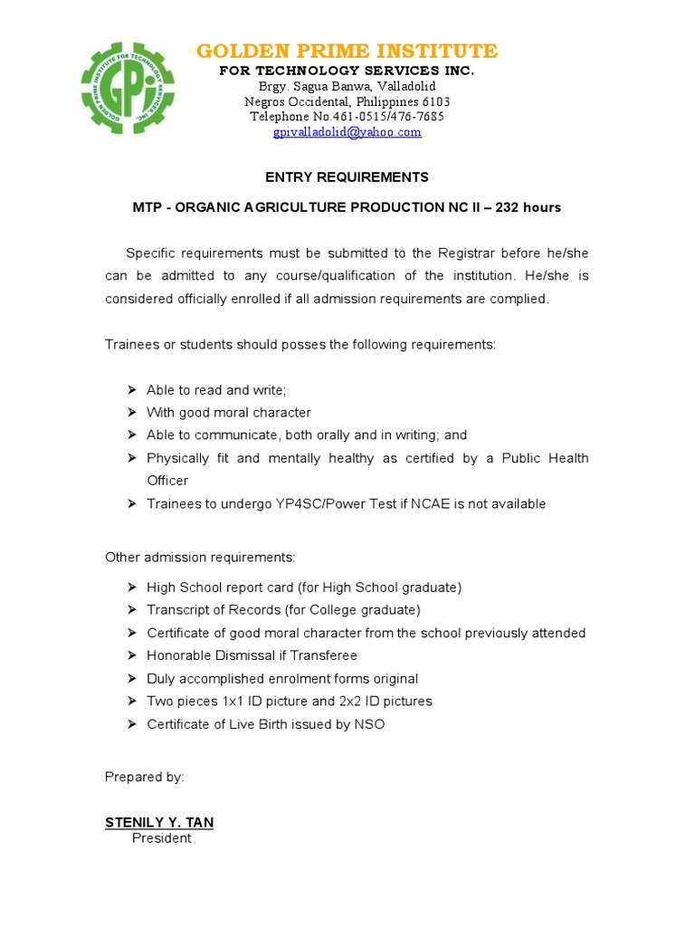 OAP NC II - Entry Req. and Rules On Attendance | PDF